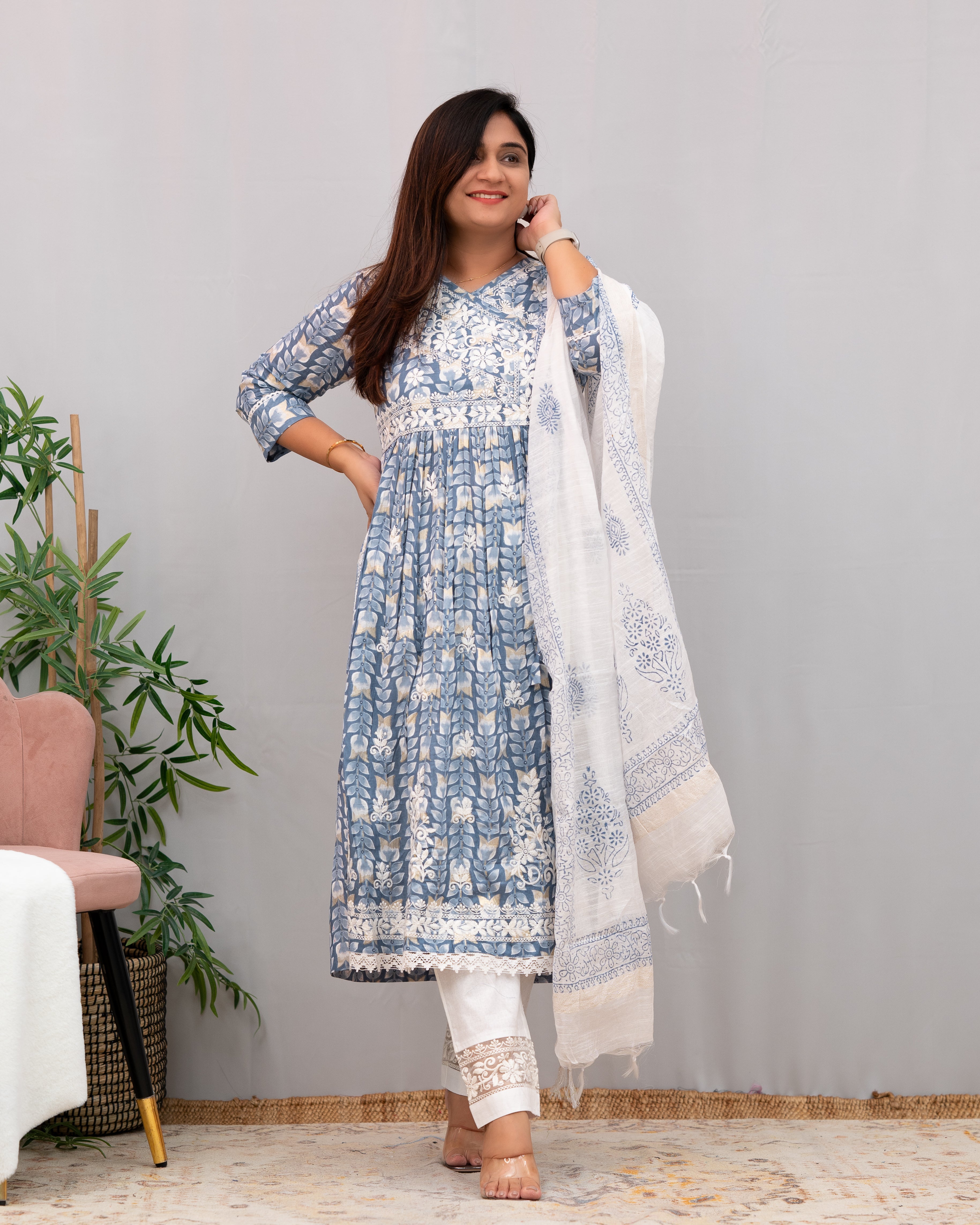 Nutan Cotton Chikankari Embroidered Nyra pant Set | The Jaipur Studio